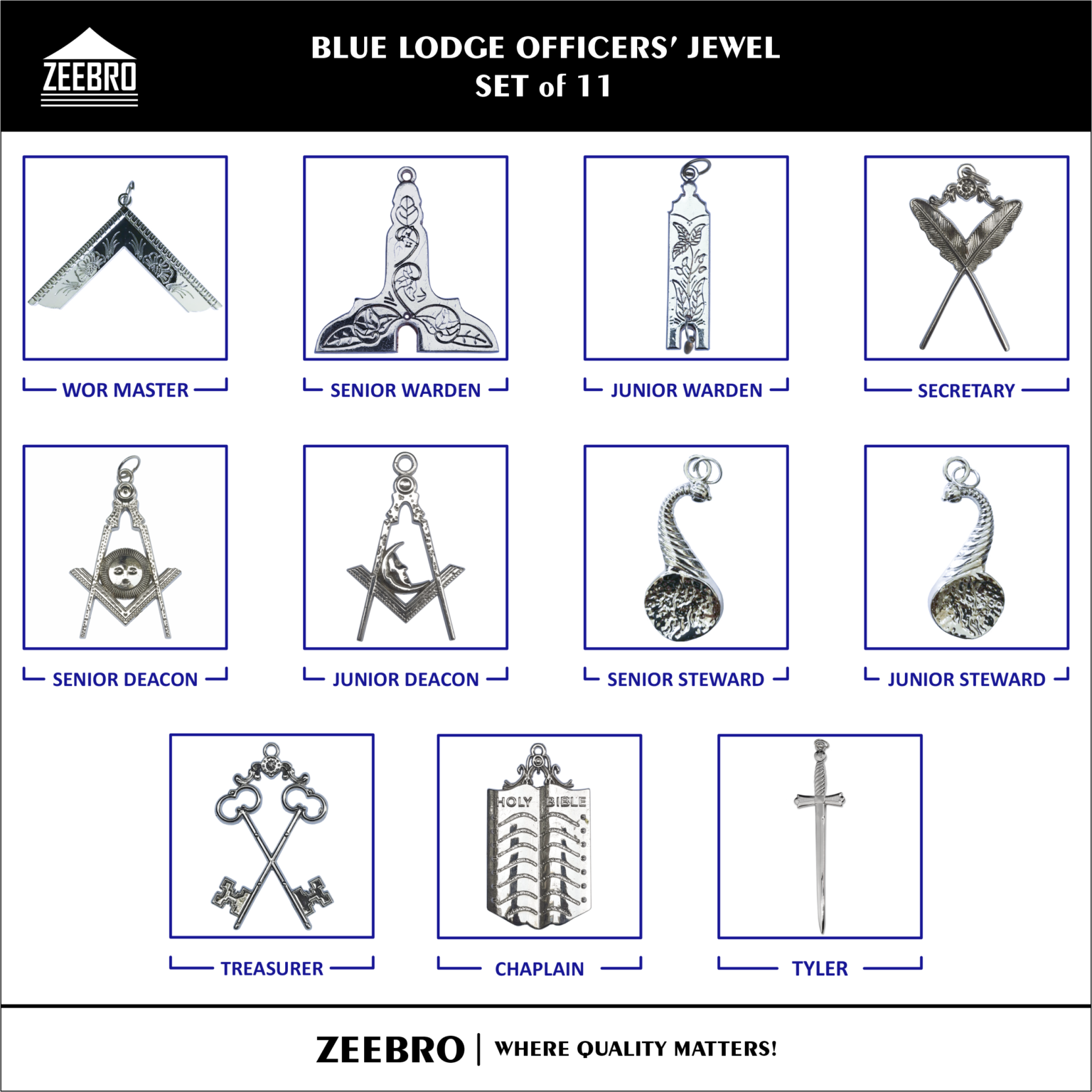 Blue Lodge Masonic Officers Complete Premium Set — Velvet Vine Aprons ...
